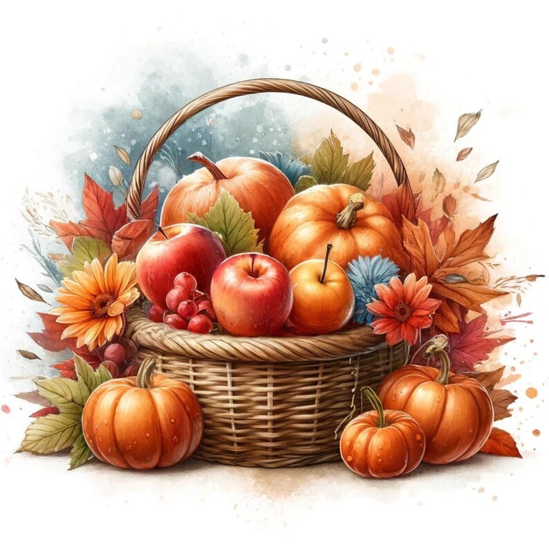 Autumn Basket With Apples, Pumpkins, and Leaves, Digital Watercolor ...