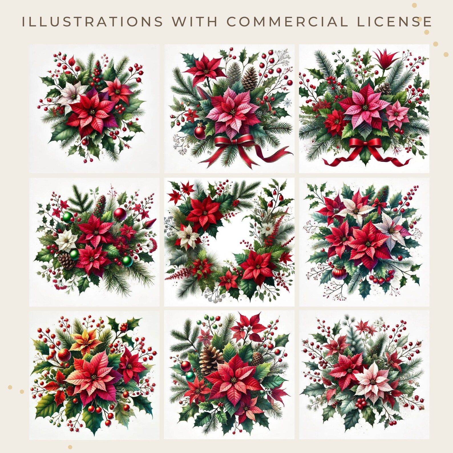 Christmas Flowers Watercolor Clipart, Digital Images for Cards ...