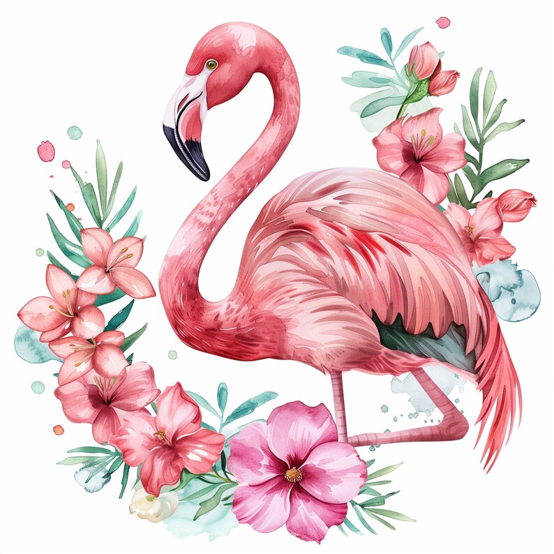 Tropical Birds Clipart Bundle, Flamingo Watercolor & Exotic Flowers ...