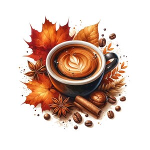 Autumn Coffee Clipart Bundle, Watercolor Fall Leaves, Coffee Mug ...