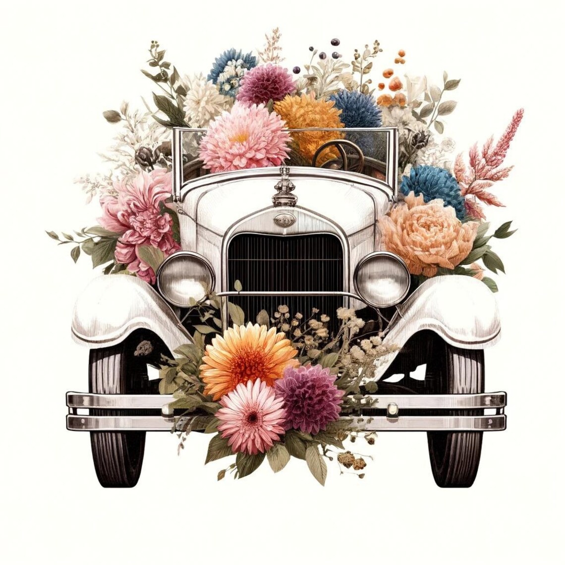 Vintage Car With Flowers Clipart, Instant Download for Commercial Use ...