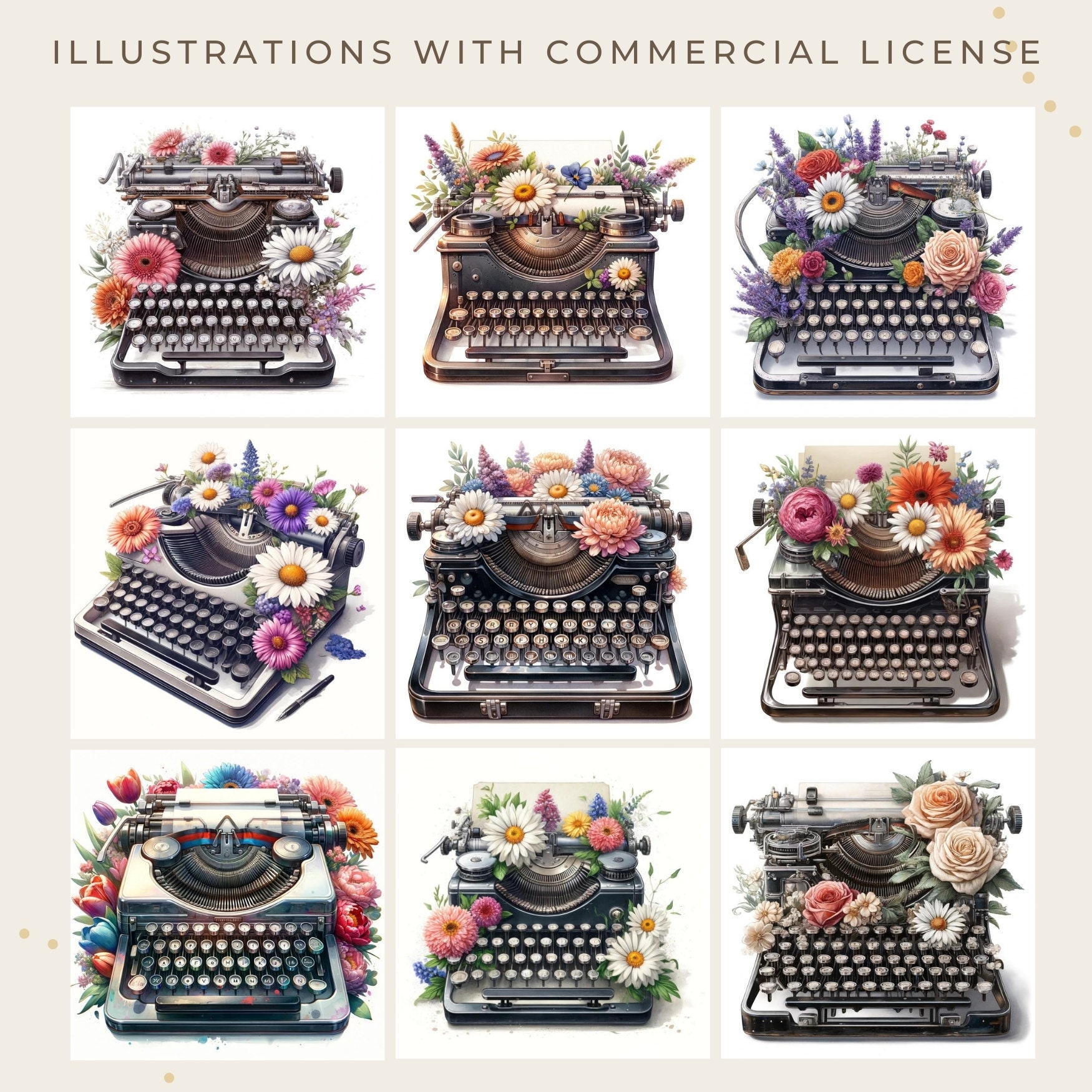 Vintage Typewriter Flowers Clipart for Commercial Use, Collage Images ...