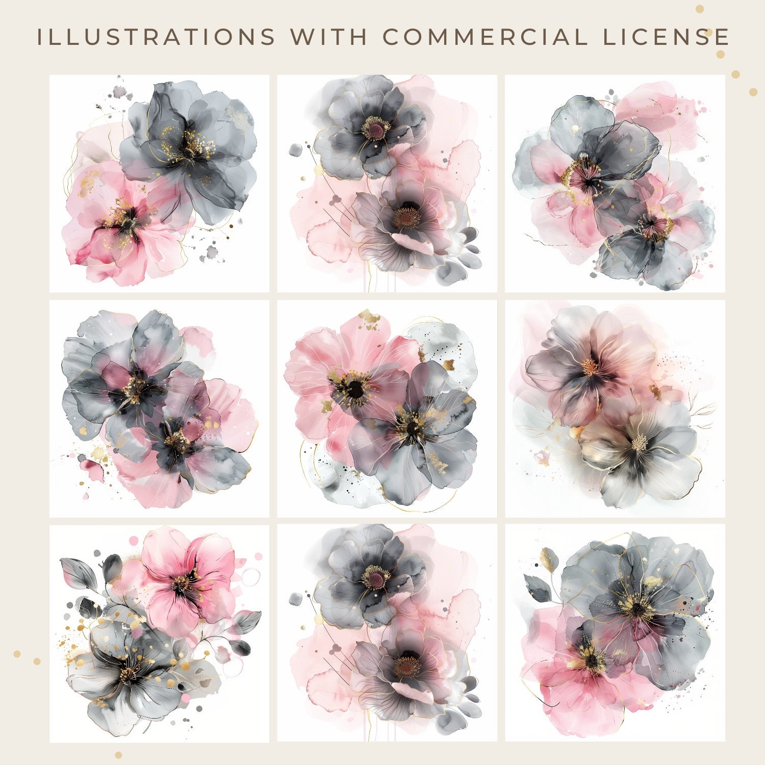 8 Pink and Black Watercolor Floral Clipart, Abstract Flowers, Digital ...