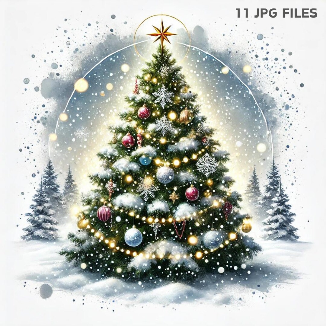 Christmas Tree With Snow Clipart Bundle, Digital Paper Pack for Holiday ...