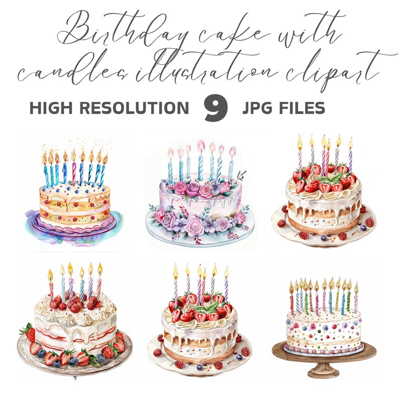 Birthday Cake Watercolor Clipart Bundle, Digital Download for ...