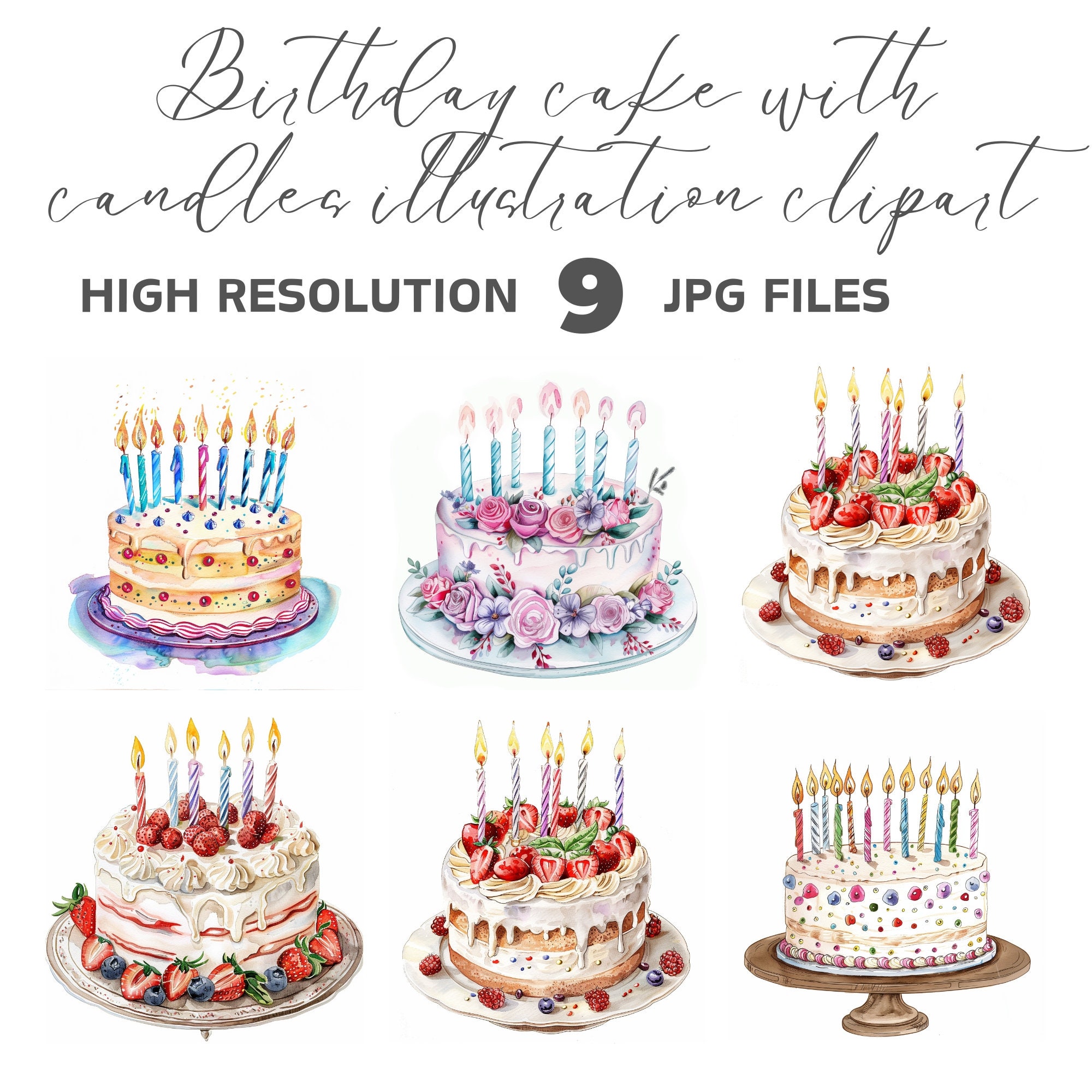 Birthday Cake Watercolor Clipart Bundle, Digital Download for ...