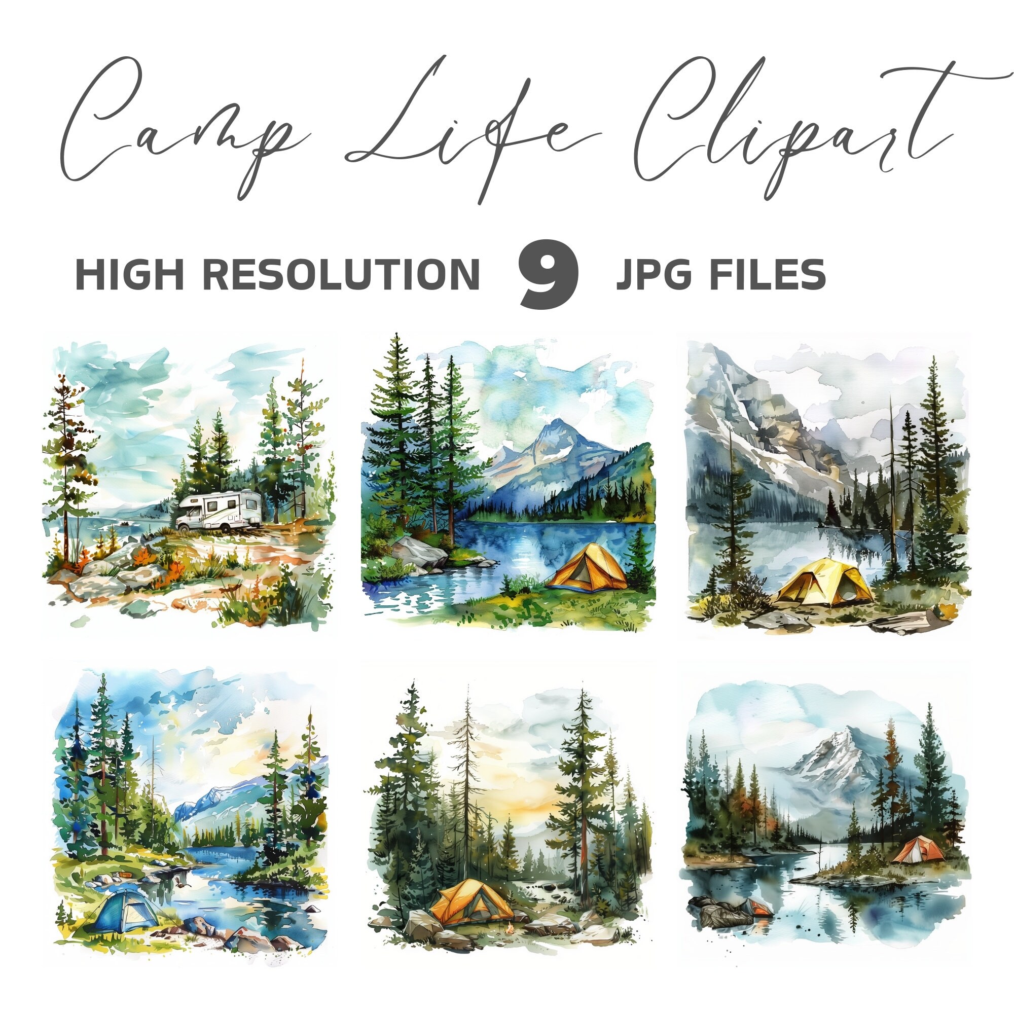 Glamping and Camping Clip Art Set, Watercolor Nature and Campfire ...