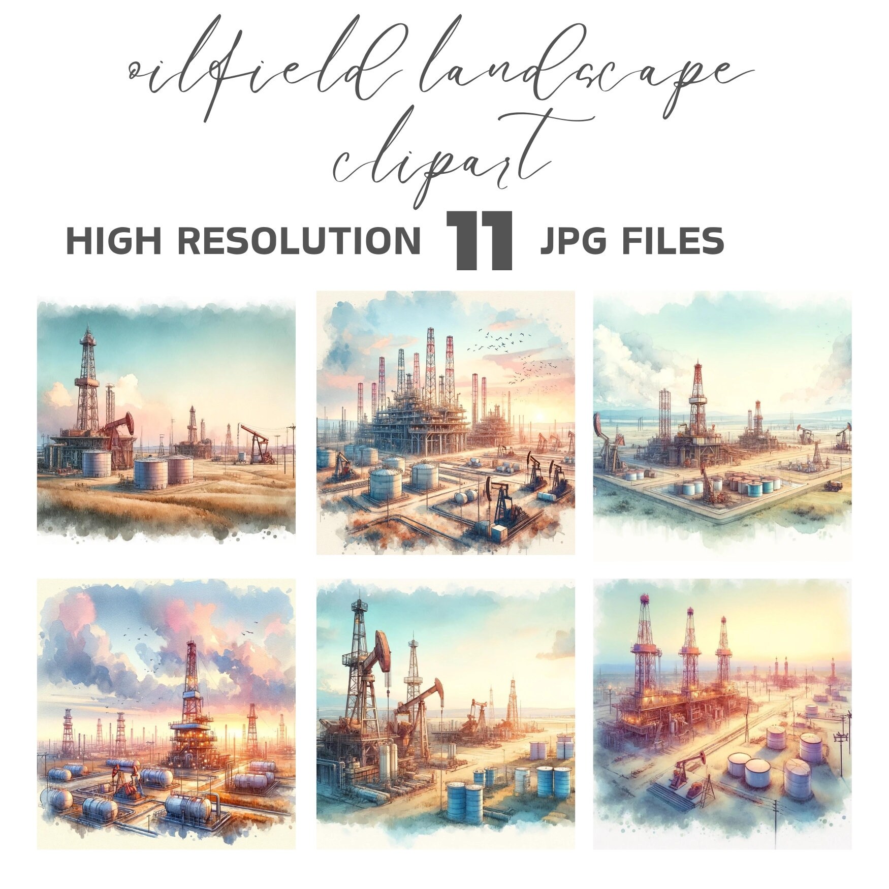 Watercolor Oilfield Landscape, Printable Artwork, Digital File, Oil Rig ...