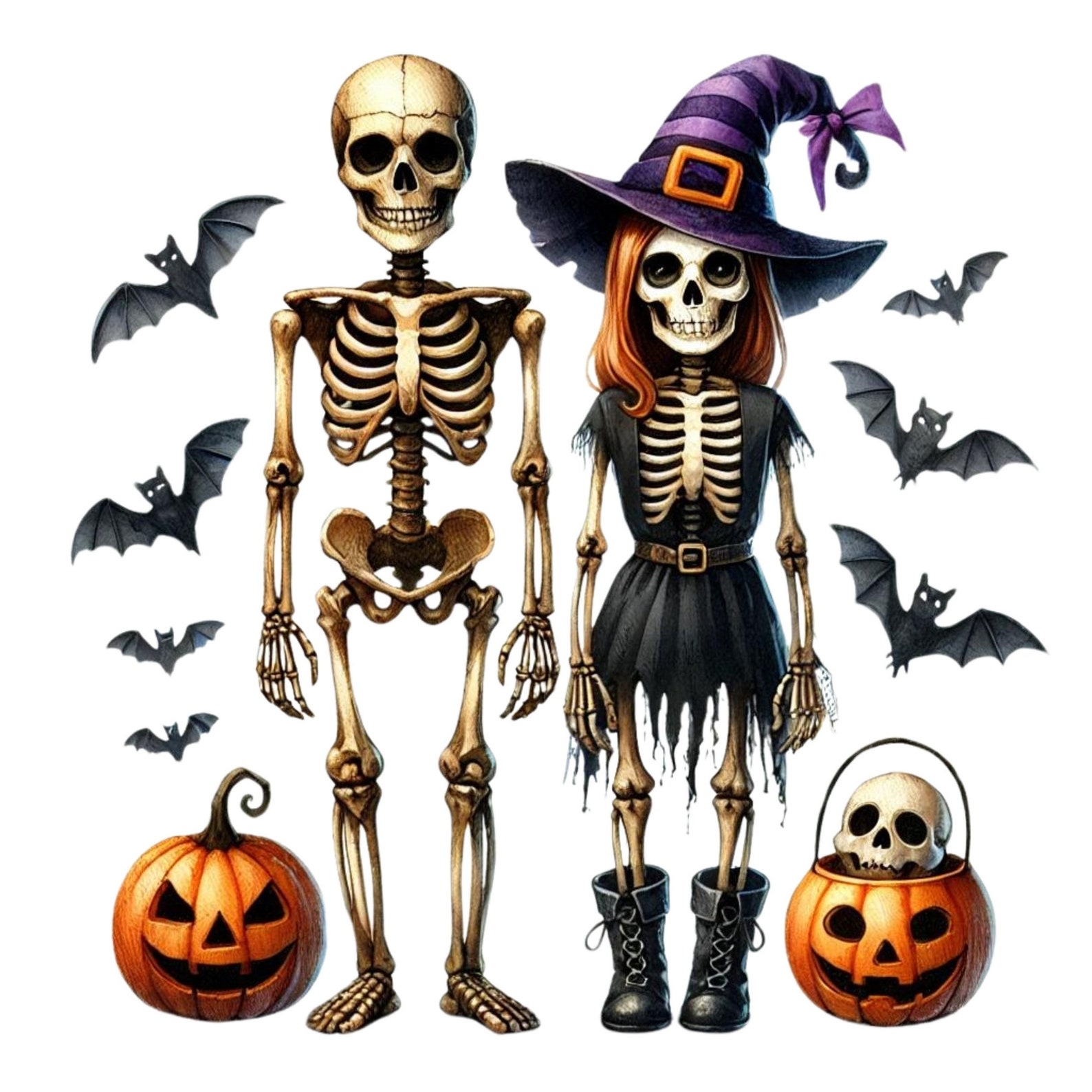 Halloween Skeleton Couple Clipart for Sublimation Design, Watercolor ...