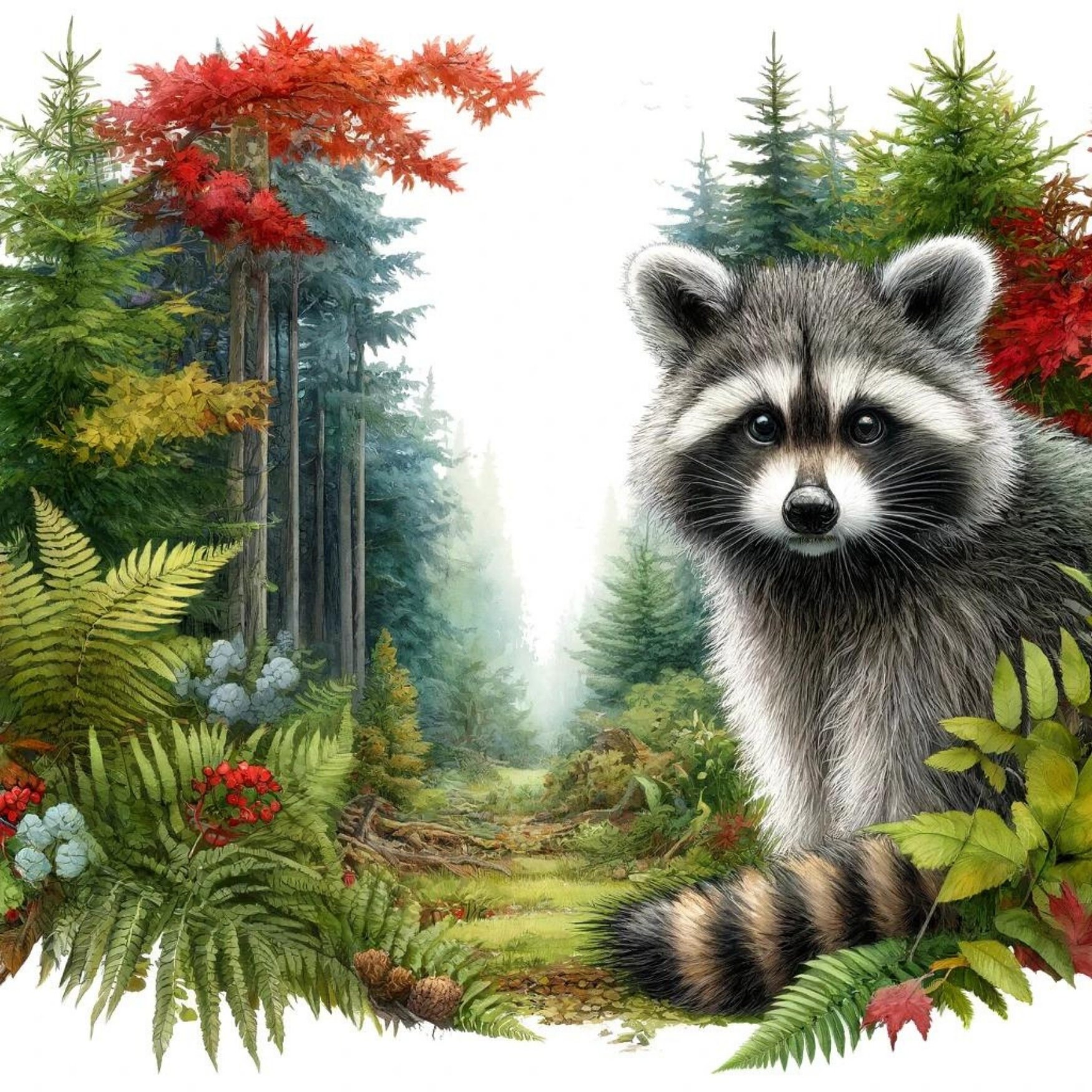 Raccoon in a Forest, Watercolor Animals, Instant Download, Woodland ...