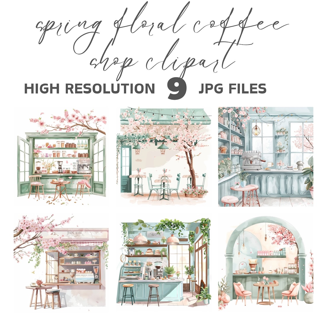9 Spring Coffee Shop Clipart, Watercolor Floral Images for Junk ...