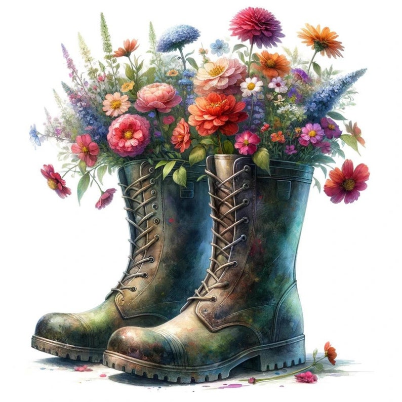10 Watercolor Flower Boots Clipart for Commercial Use, Botanical Floral ...