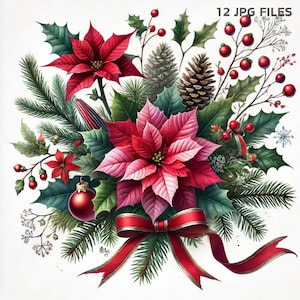 Christmas Flowers Watercolor Clipart, Digital Images for Cards ...
