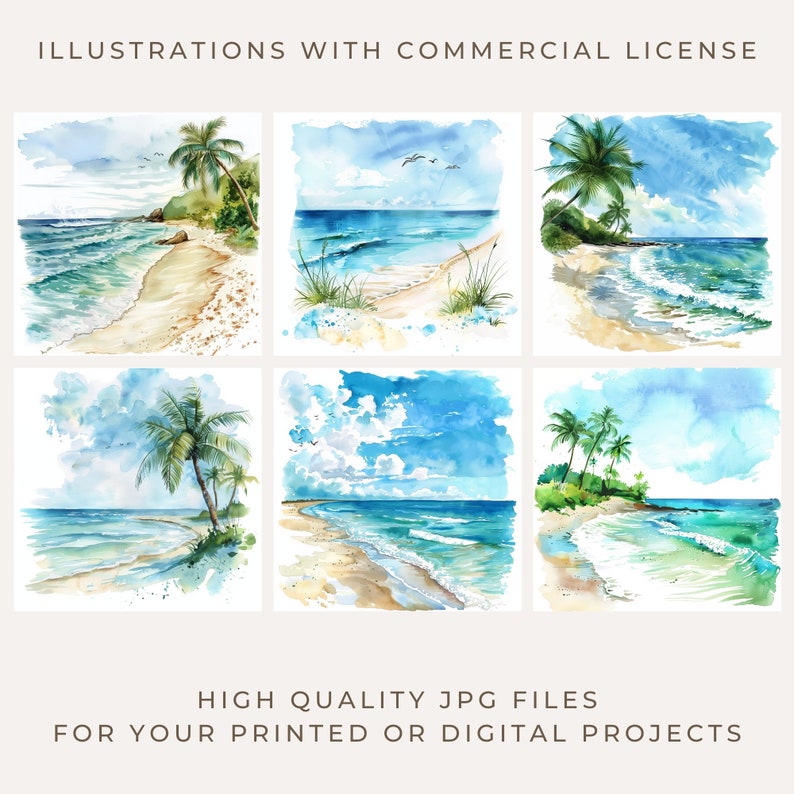 Beach Sunset Landscape Clipart, Digital Watercolor Wall Art for ...