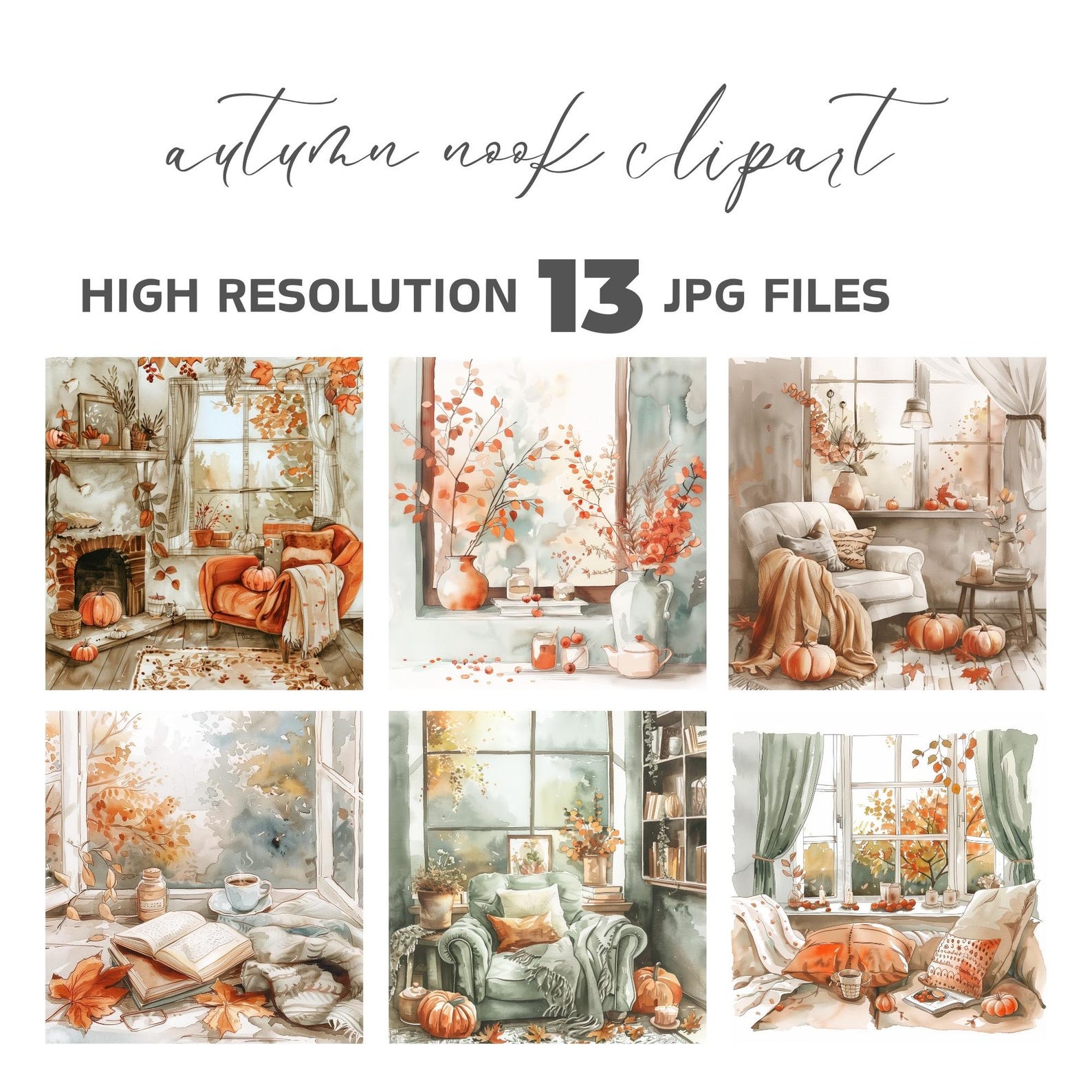 Autumn Cozy Reading Nook Clipart Set, Home Decor Wall Art, Book ...