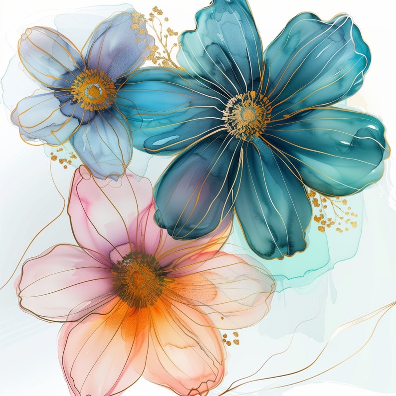 9 Various Abstract Flowers, Watercolor Clipart, Boho Flowers, Wall Art ...