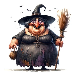Funny Fat Old Witch Clipart, Witchy Watercolor Bundle, Digital Download ...