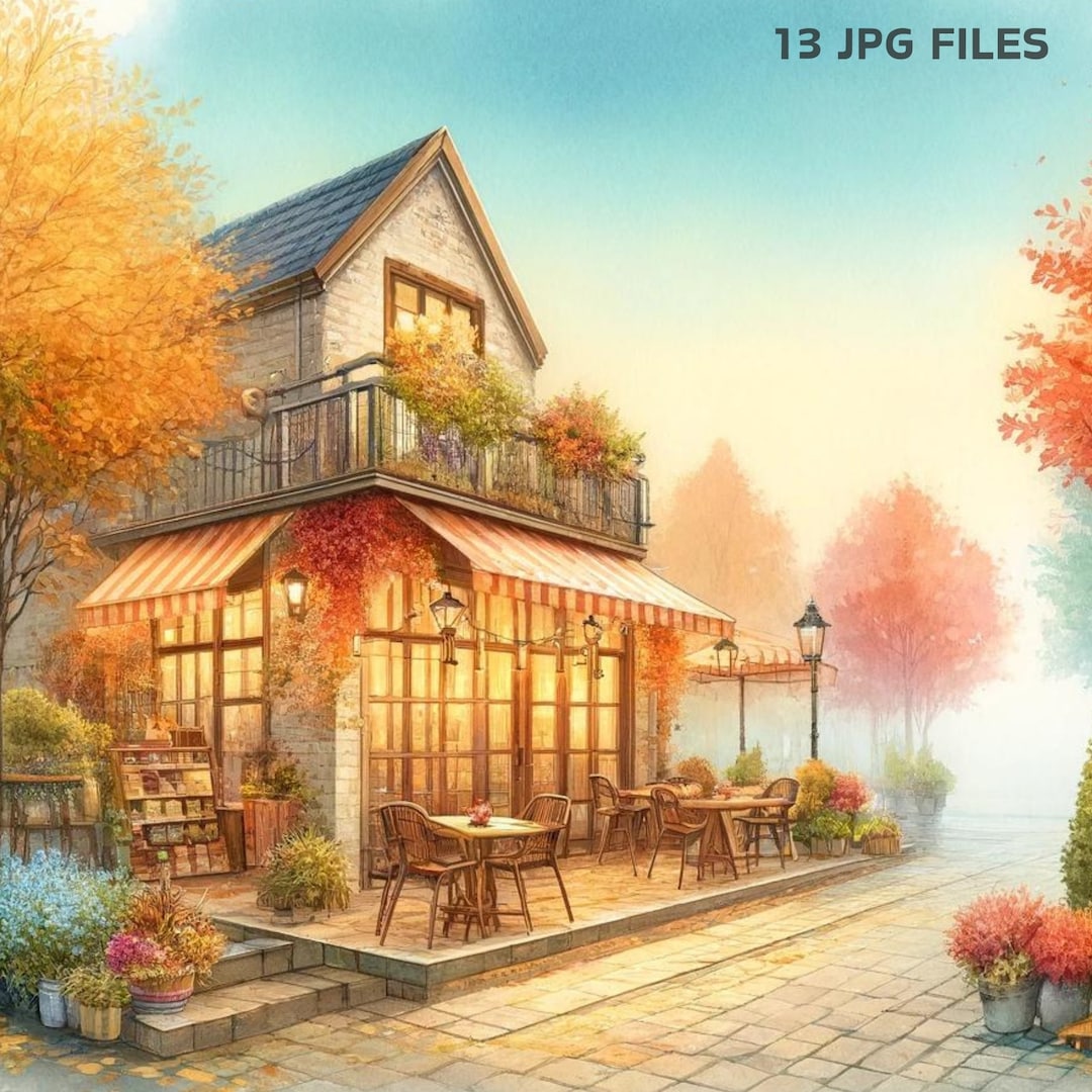 Autumn Cafe Watercolor Landscape Clipart Set, Digital Download for ...