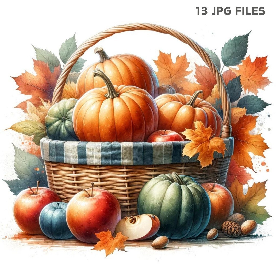 Autumn Basket With Apples, Pumpkins, and Leaves, Digital Watercolor ...
