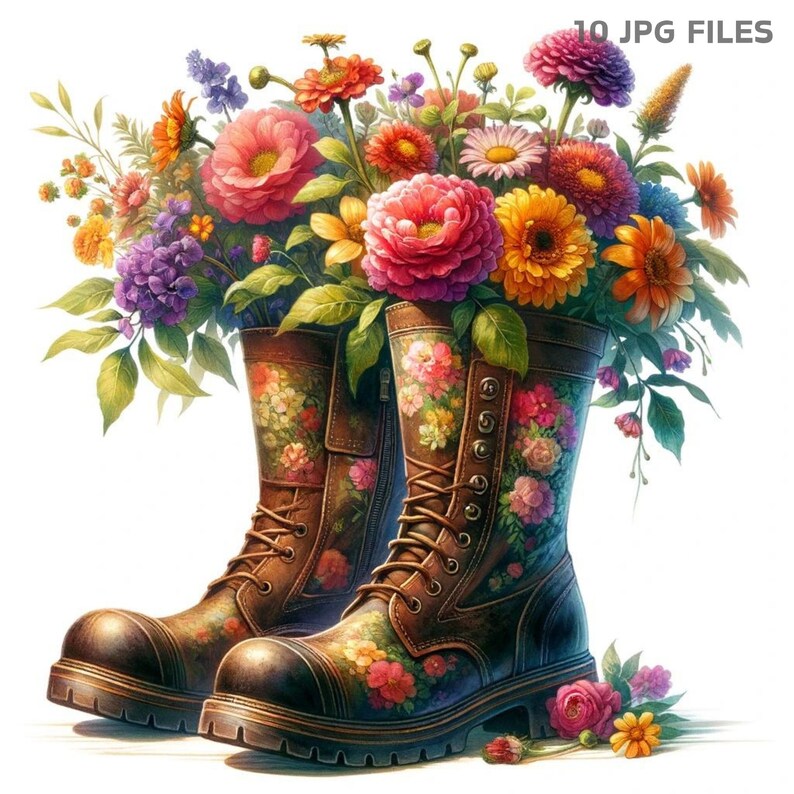 10 Watercolor Flower Boots Clipart for Commercial Use, Botanical Floral ...