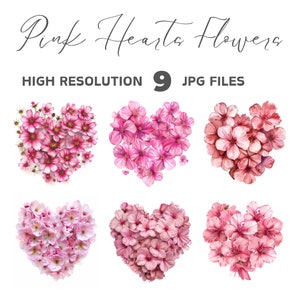 9 Watercolor Pink Hearts Flowers, Spring Floral Clipart for Commercial ...