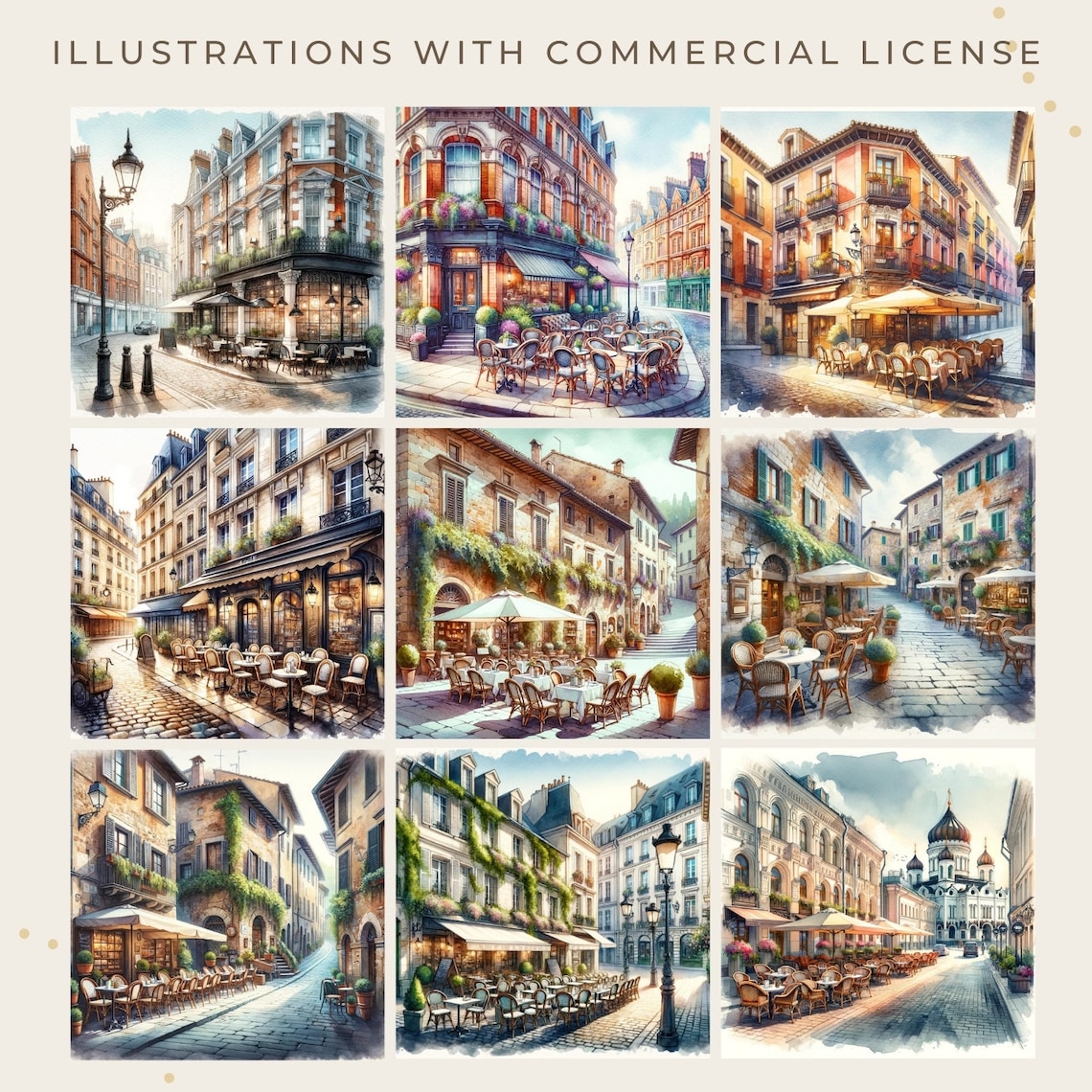 11 Watercolor Cityscape & Cafe in Europe Street JPG Files for ...