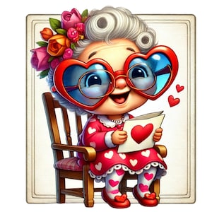 Funny Grandma Valentine Clipart, Cheerful Cartoon Lady With Heart ...