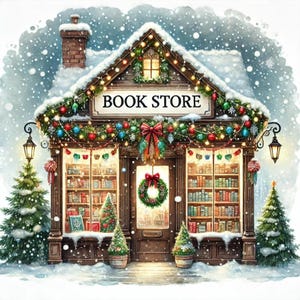 Christmas Book Store Clipart, Watercolor Christmas Storefront for ...
