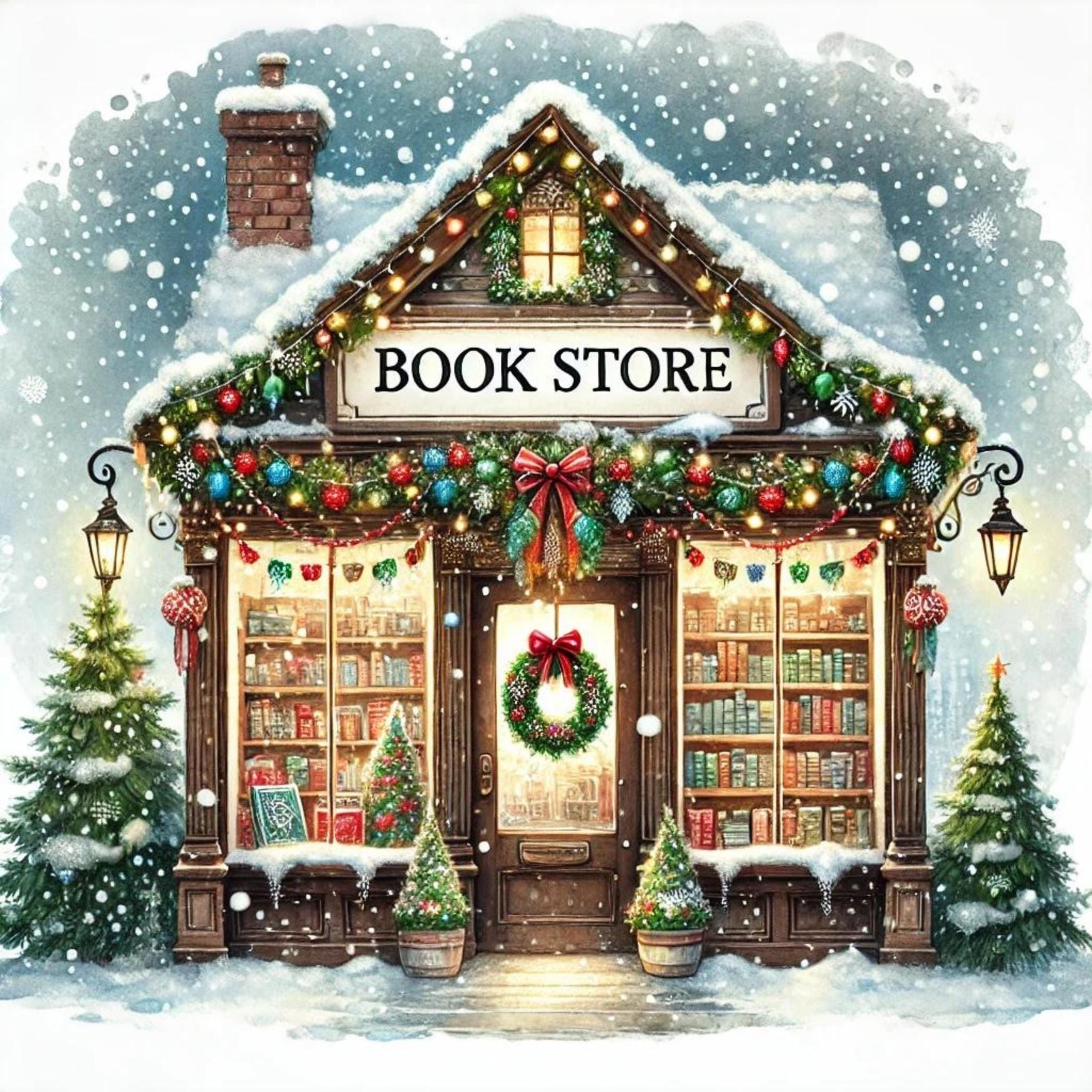 Christmas Book Store Clipart, Watercolor Christmas Storefront for ...