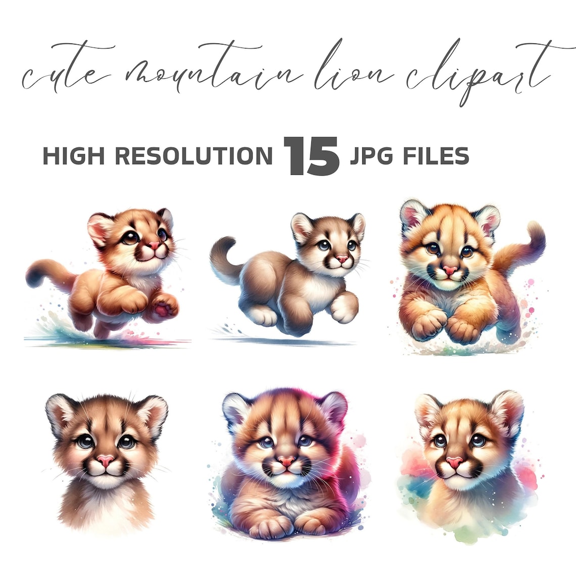 Watercolor Mountain Lion Clipart Set, Instant Download for Cute Kids ...
