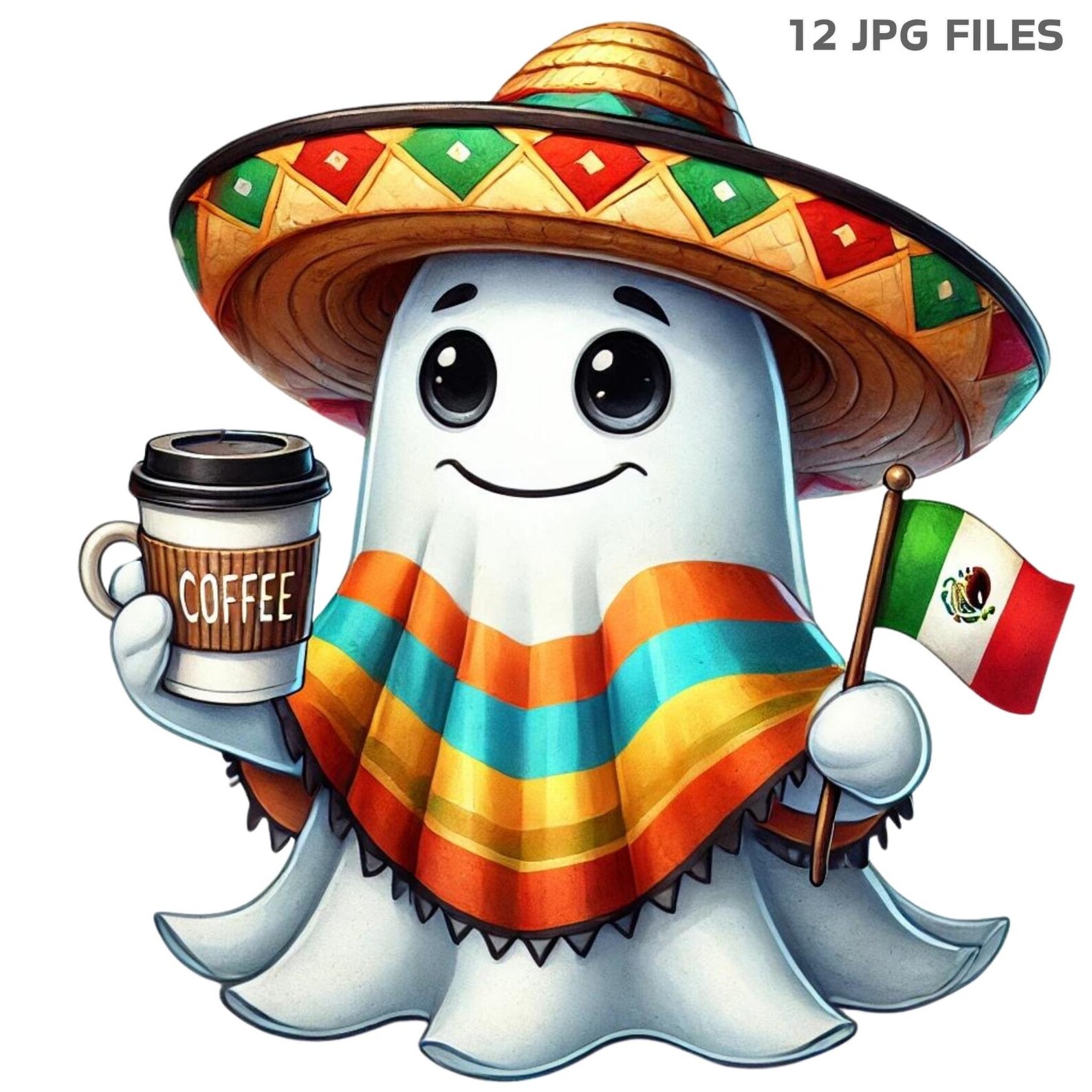 Funny Mexican Ghost With Coffee Cup Clipart, Cute Spanglish Ghost ...