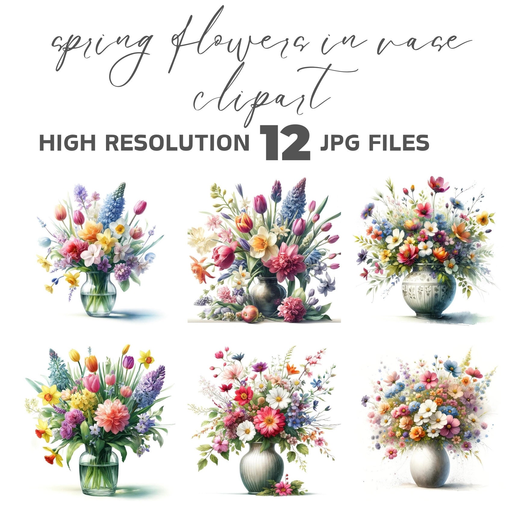 12 Spring Bouquet Watercolor Clipart, Digital Crafting for Scrapbooking ...