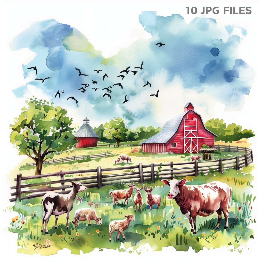 Farm With Animals on Countryside Clipart Instant Download for ...