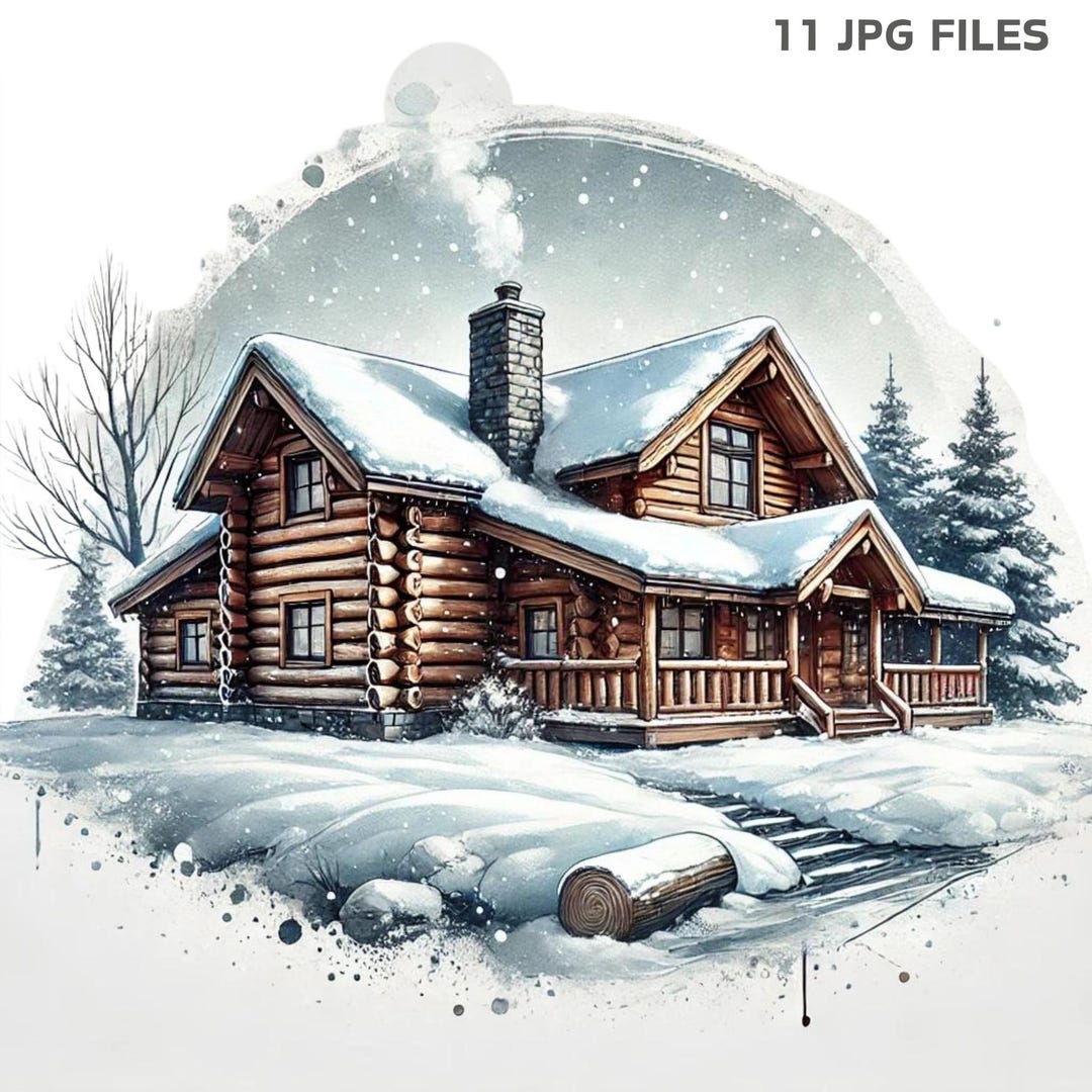 Log Cabin in Snow Images, Winter Watercolor Clipart Pack, Crafting Junk ...