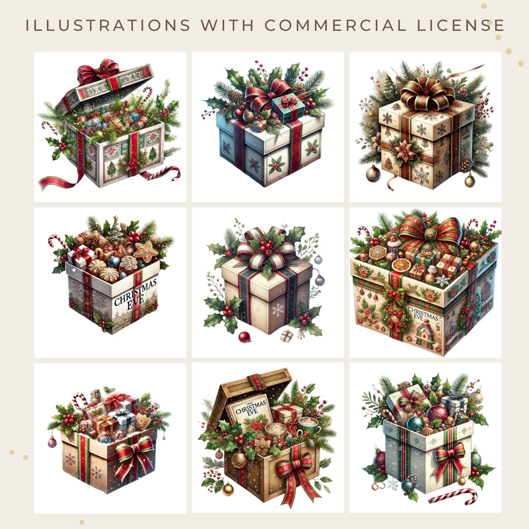 Christmas Eve Box Design, Vintage Watercolor Clipart, Digital Download ...