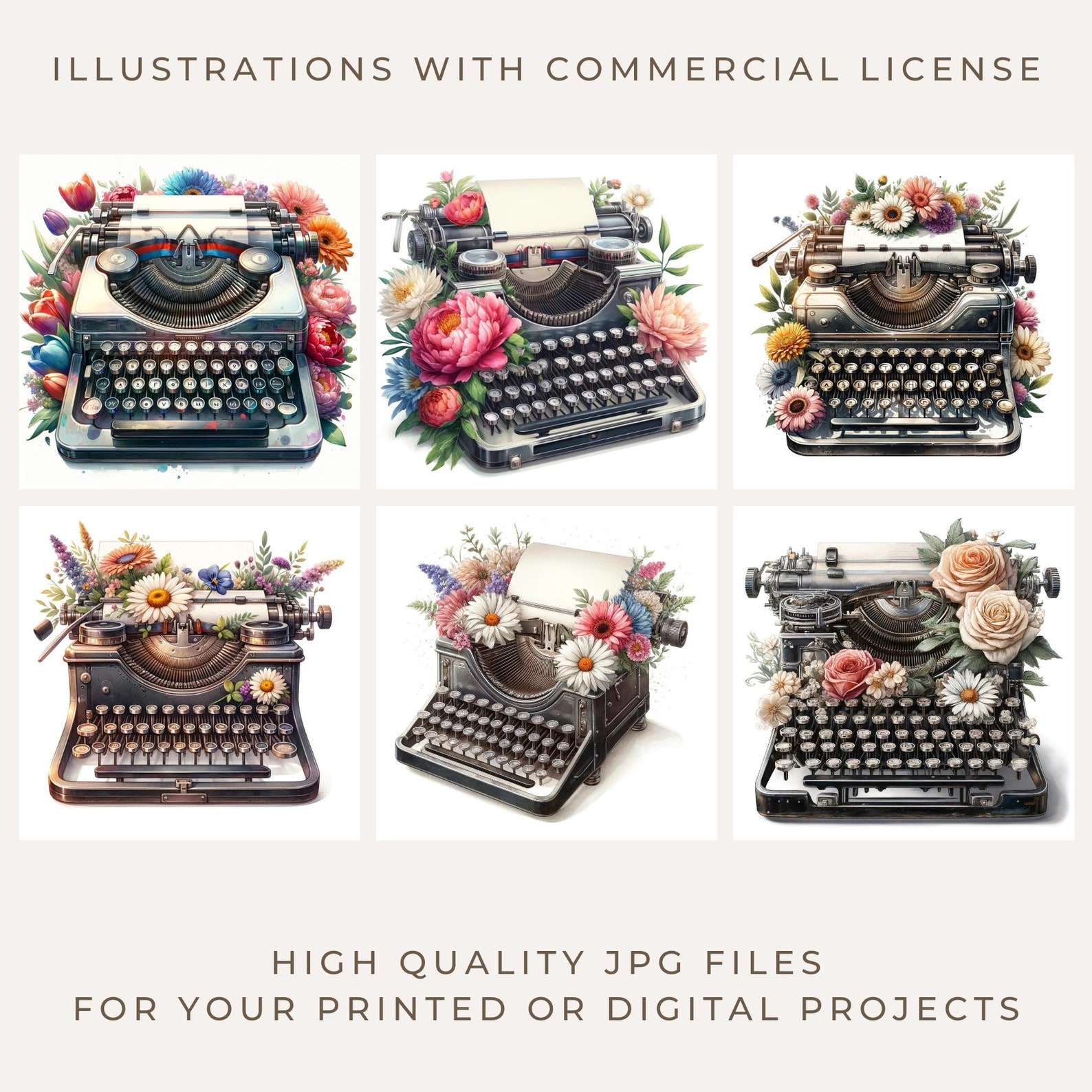 Vintage Typewriter Flowers Clipart for Commercial Use, Collage Images ...