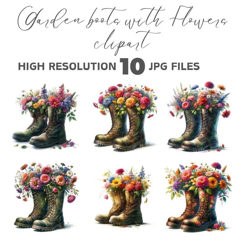 10 Watercolor Flower Boots Clipart for Commercial Use, Botanical Floral ...