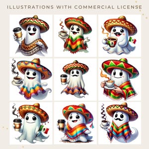 Funny Mexican Ghost With Coffee Cup Clipart, Cute Spanglish Ghost ...