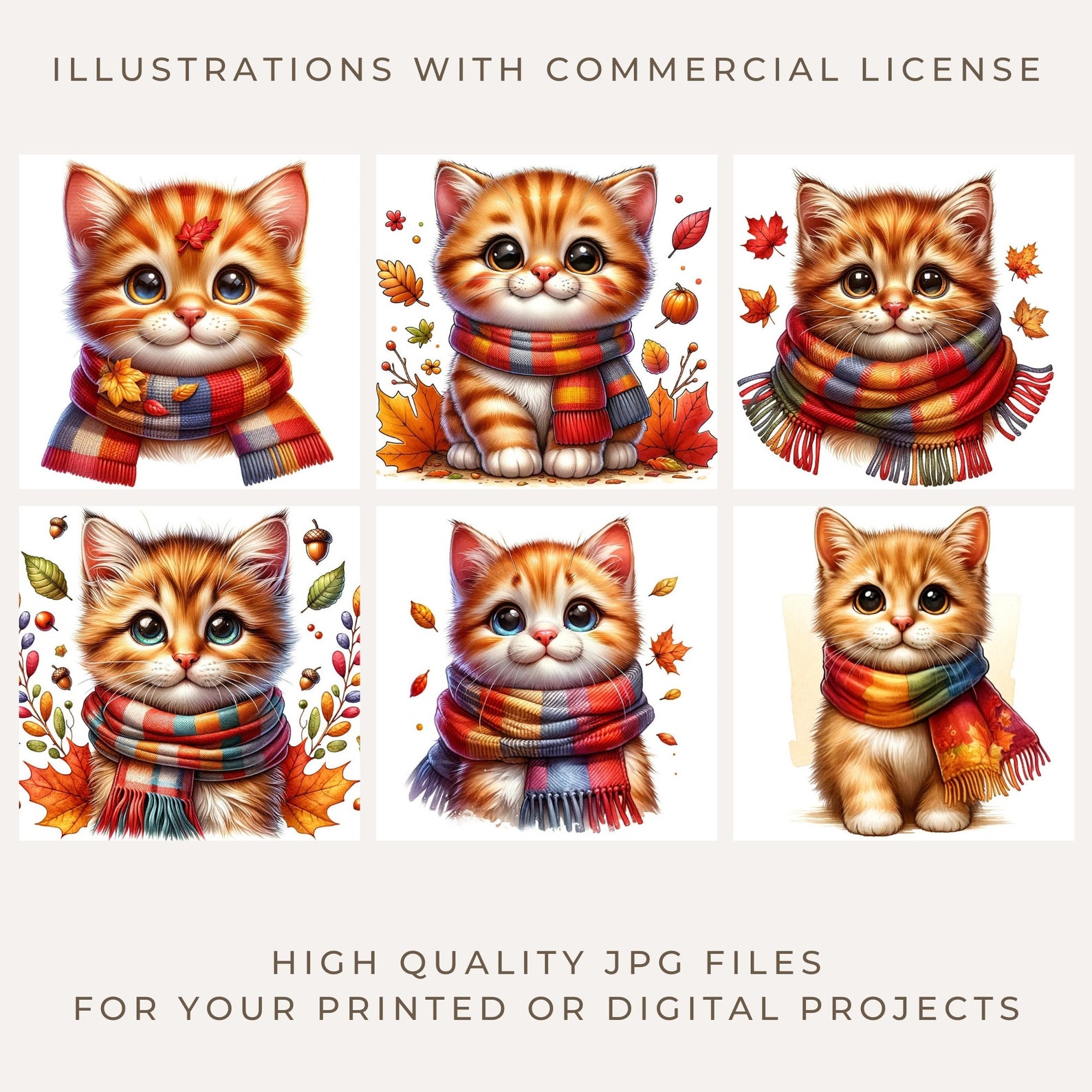 Funny Autumn Kitten Wearing a Scarf Clipart, Watercolor Cat Set, Autumn ...