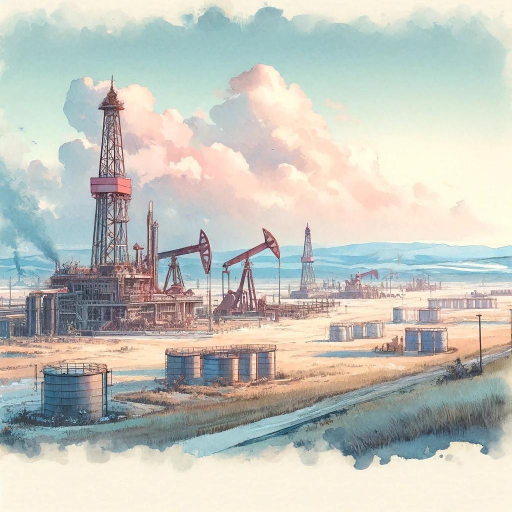 Watercolor Oilfield Landscape, Printable Artwork, Digital File, Oil Rig ...