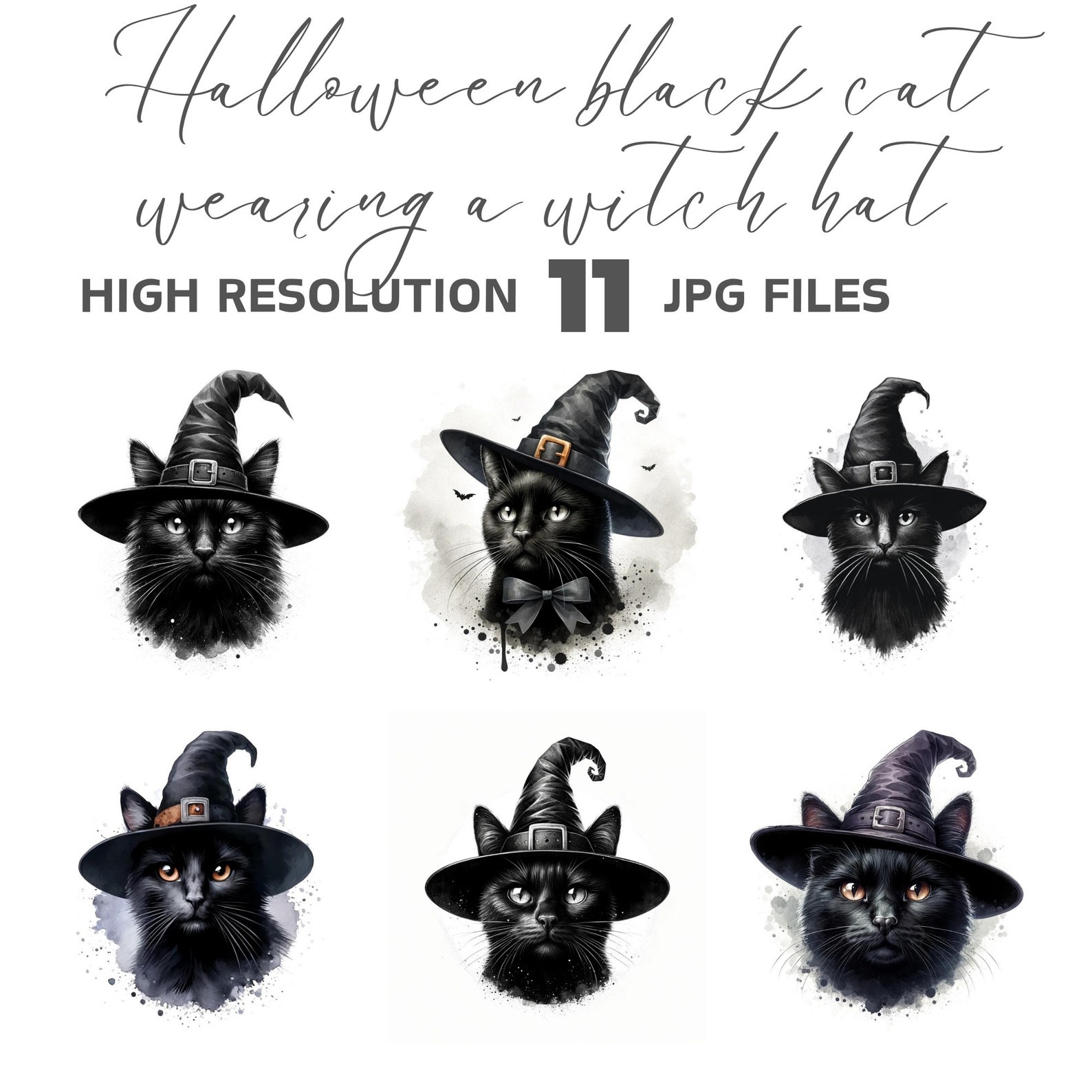 Black Cat in Witch Hat, Halloween Cat Clipart Bundle, Watercolor Art ...