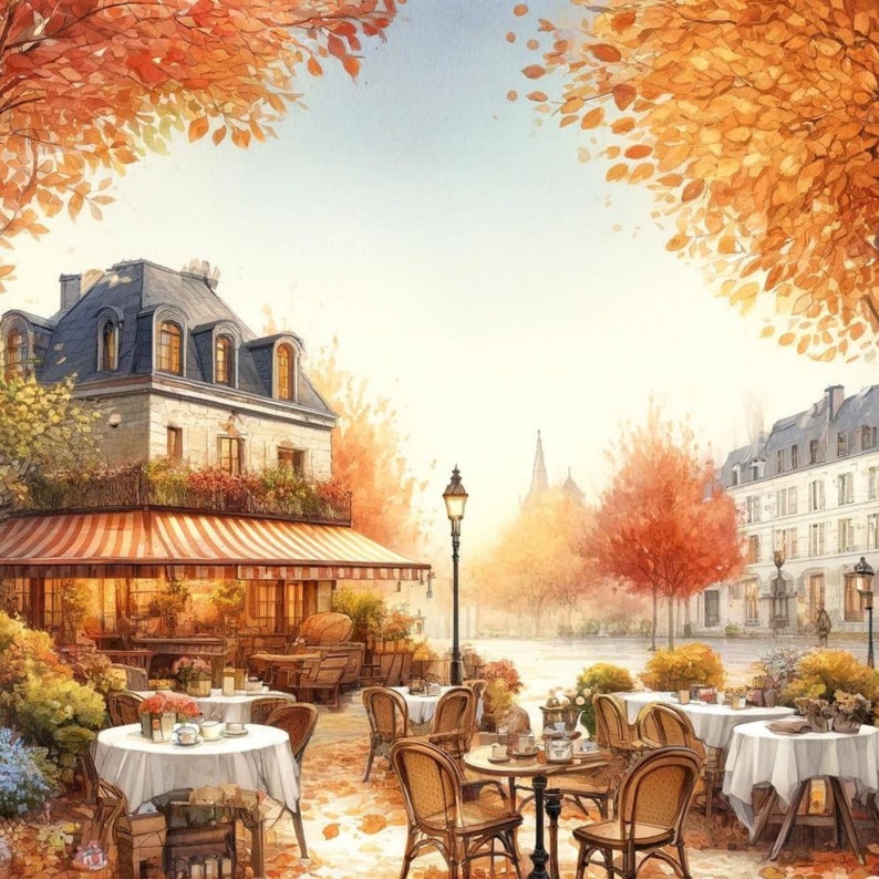 Autumn Cafe Watercolor Landscape Clipart Set, Digital Download for ...