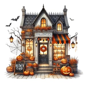Halloween Shop Clipart, Watercolor Magic Storefront Designs ...