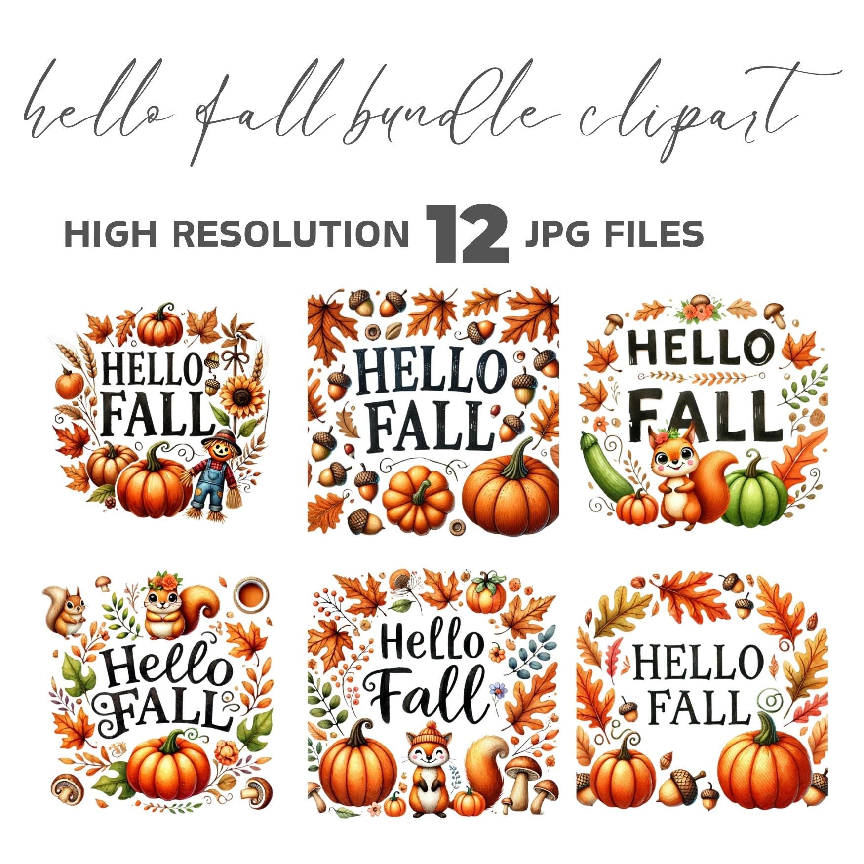 Hello Fall Pumpkin Clipart Bundle, Digital Download Images, Fall Leaves ...