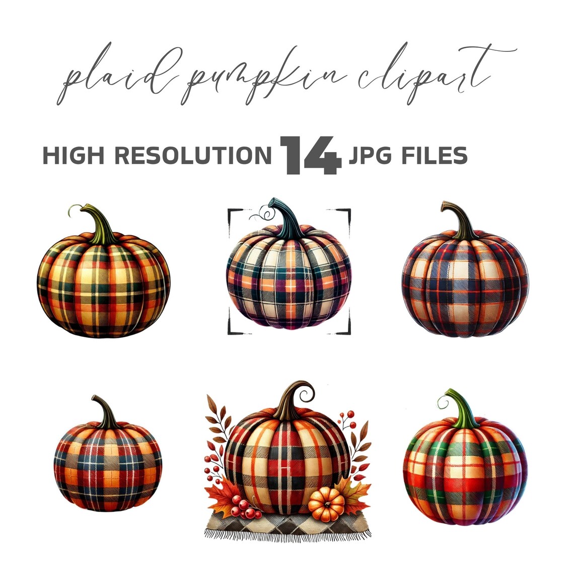 Plaid Pumpkin Clipart, High Resolution Digital Downloads for Fall ...