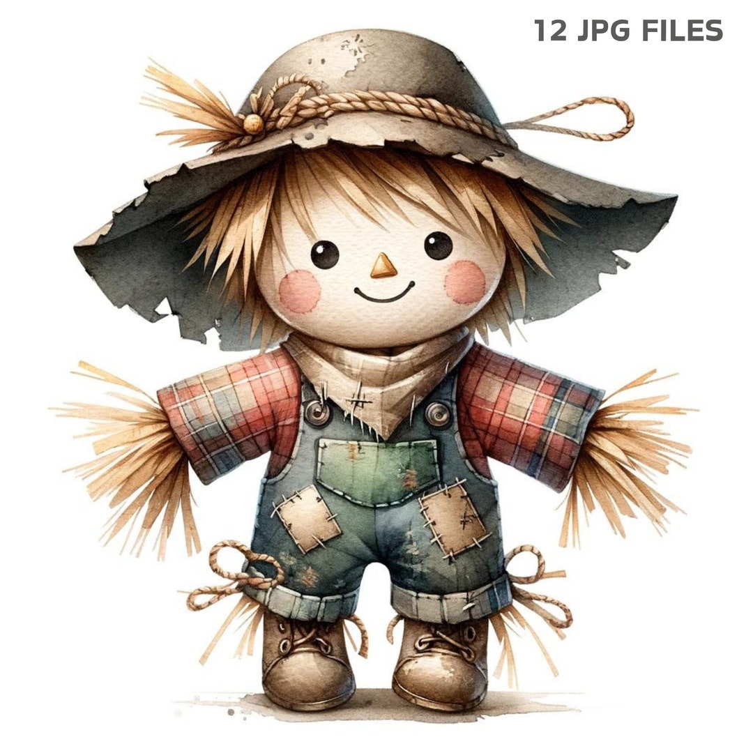 Fall Scarecrow Clipart, Vintage Watercolor Graphics, Digital Crafting ...