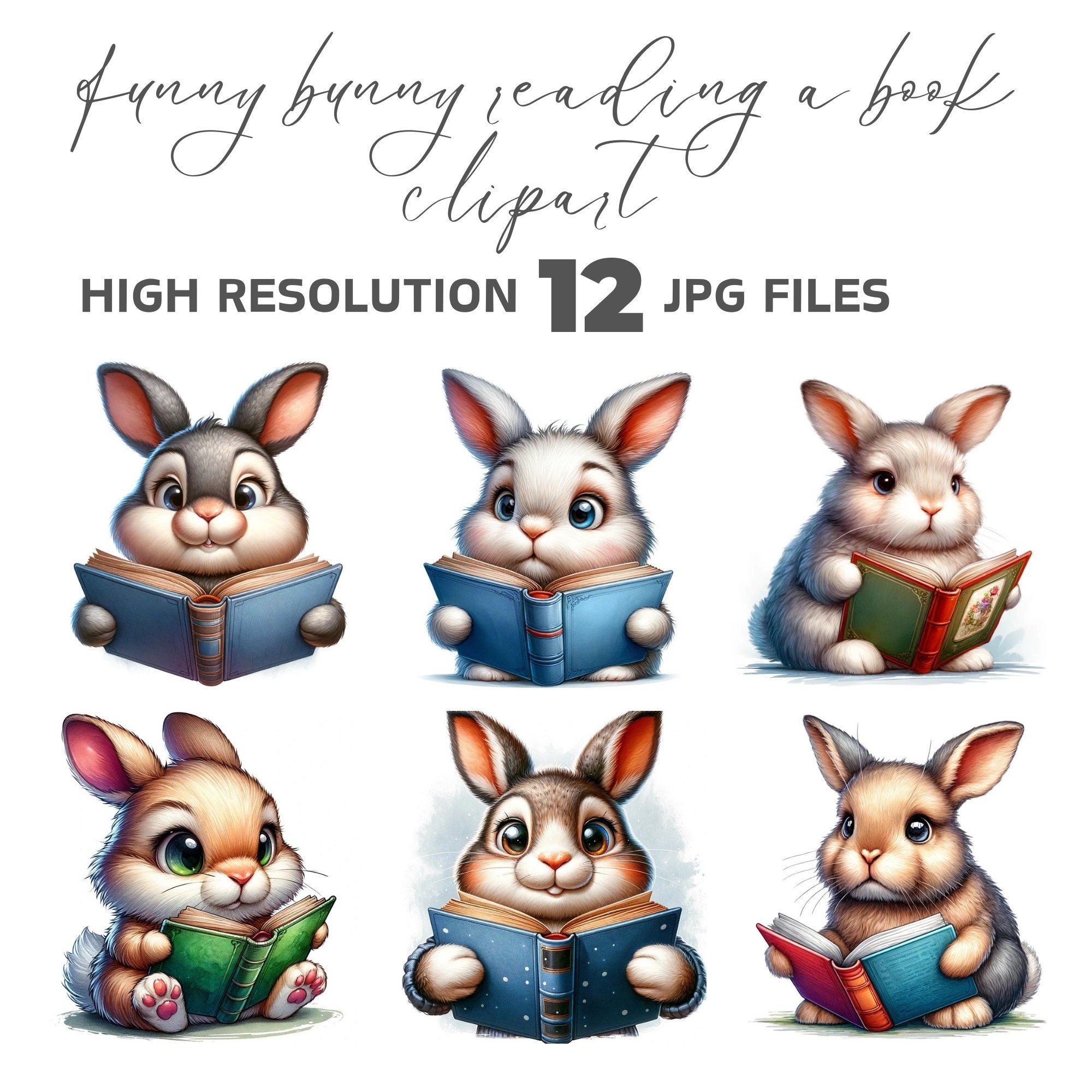 Bunny and Book Watercolor Clipart Bundle, Digital Download for ...