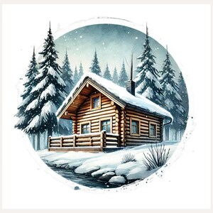 Log Cabin in Snow Images, Winter Watercolor Clipart Pack, Crafting Junk ...