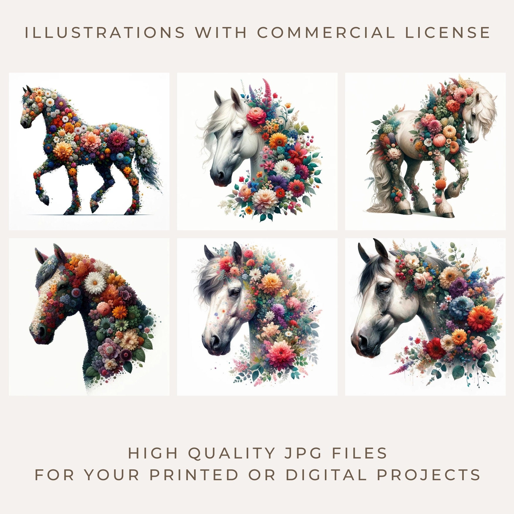 12 Floral Horse Art Printable Instant Download, Watercolor Flowers ...