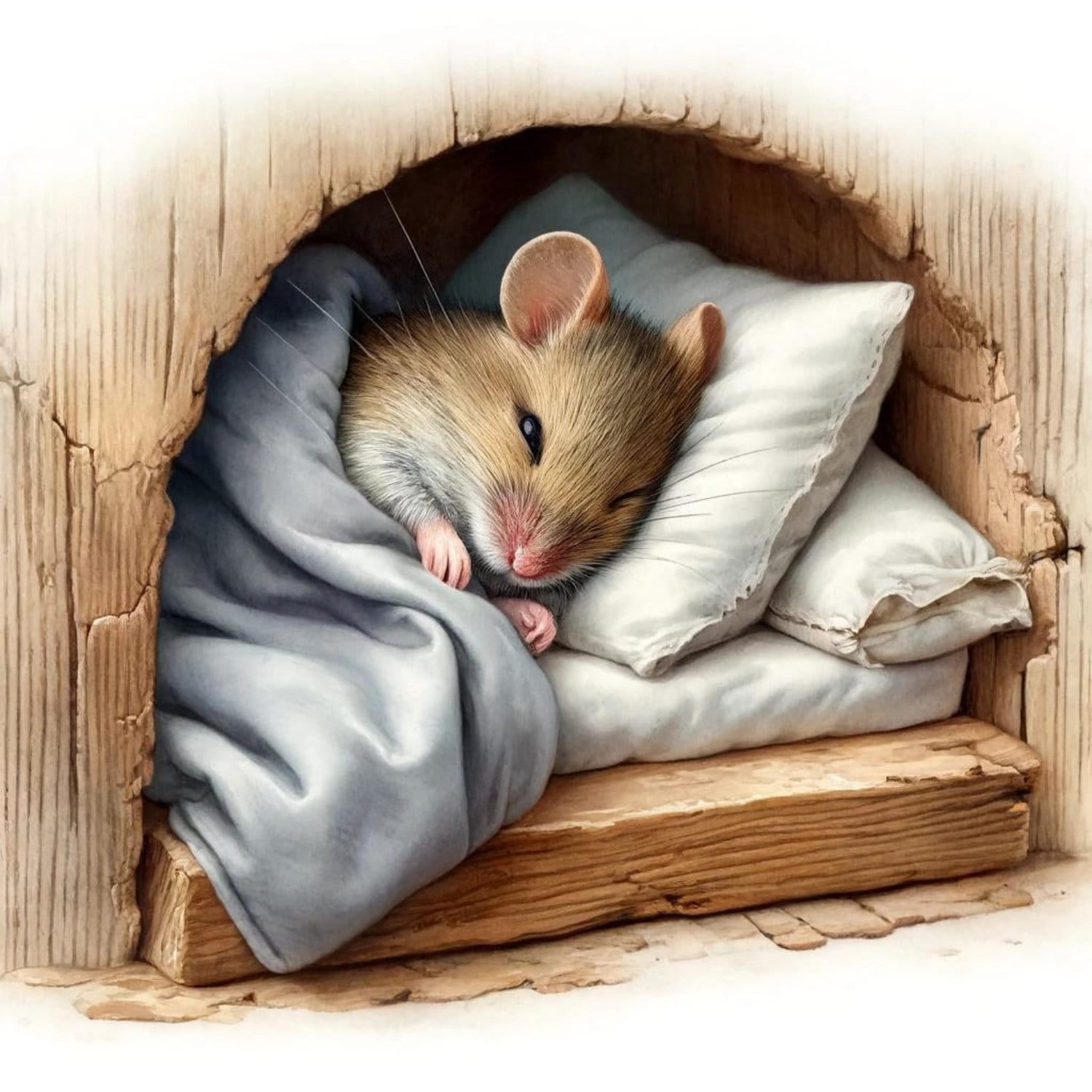 Mouse Sleeping in Little Bed in Mouse Hole, Watercolor Clipart, Instant ...